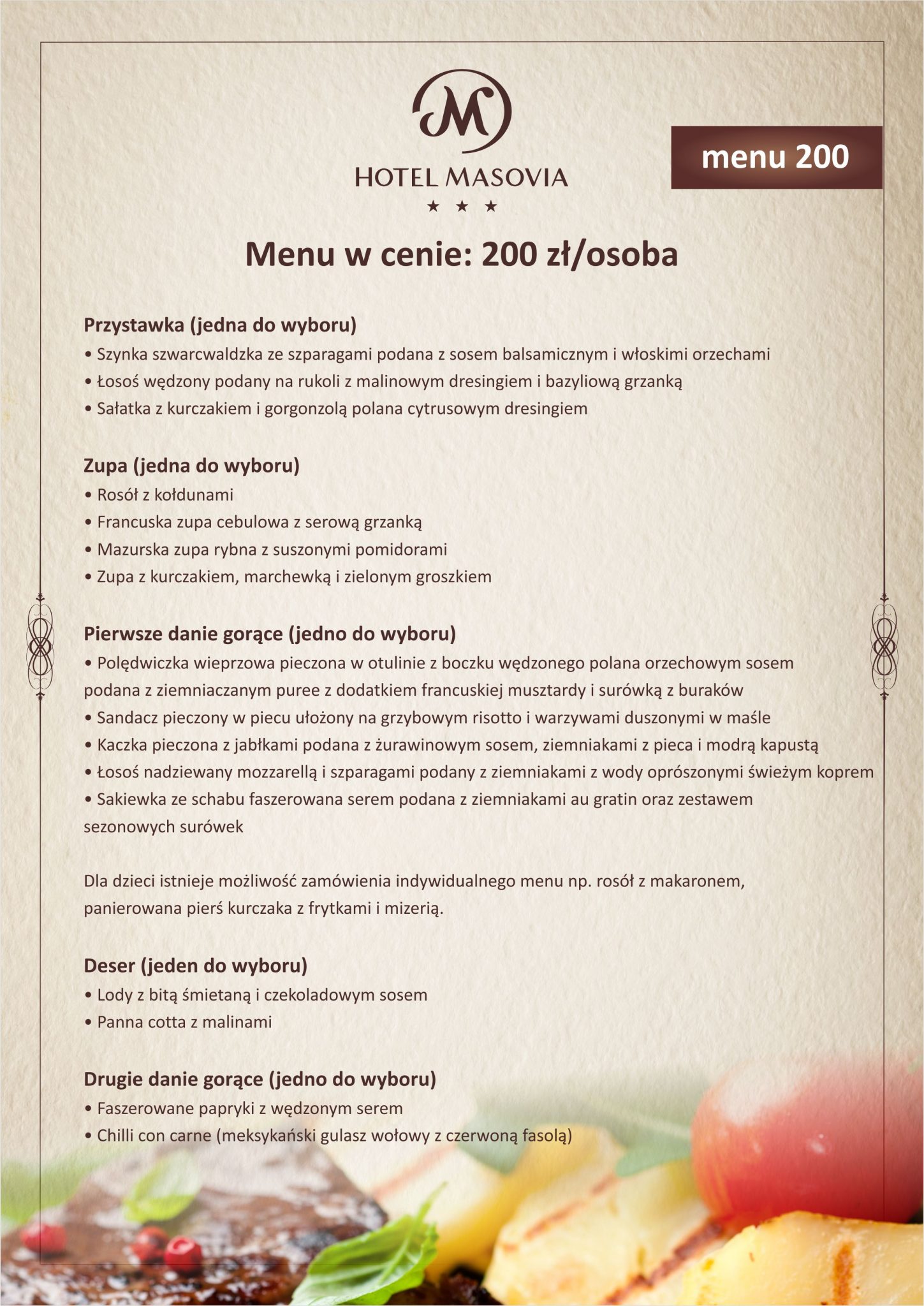 Menu weselne - dania gorące, zimne, przystawki, deser - Hotel Masovia